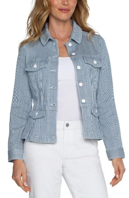 Liverpool Peplum Jacket - Chambray Stripe | Liila Boutique Liverpool Peplum Jacket - Chambray Stripe | Liila Boutique